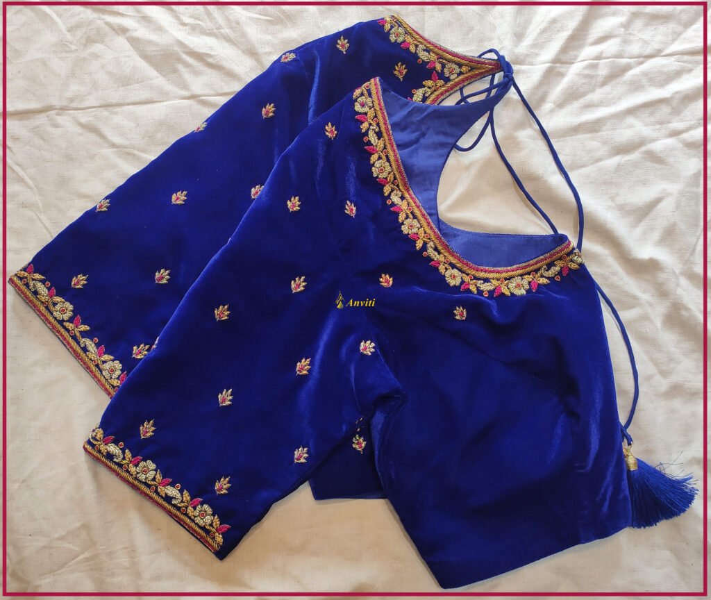 Royal Blue Velvet Hand Embroidered Blouse – Anviti