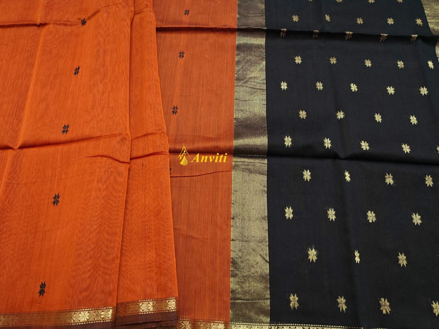 Rust Orange Maheshwari Silk Cotton Saree – Anviti