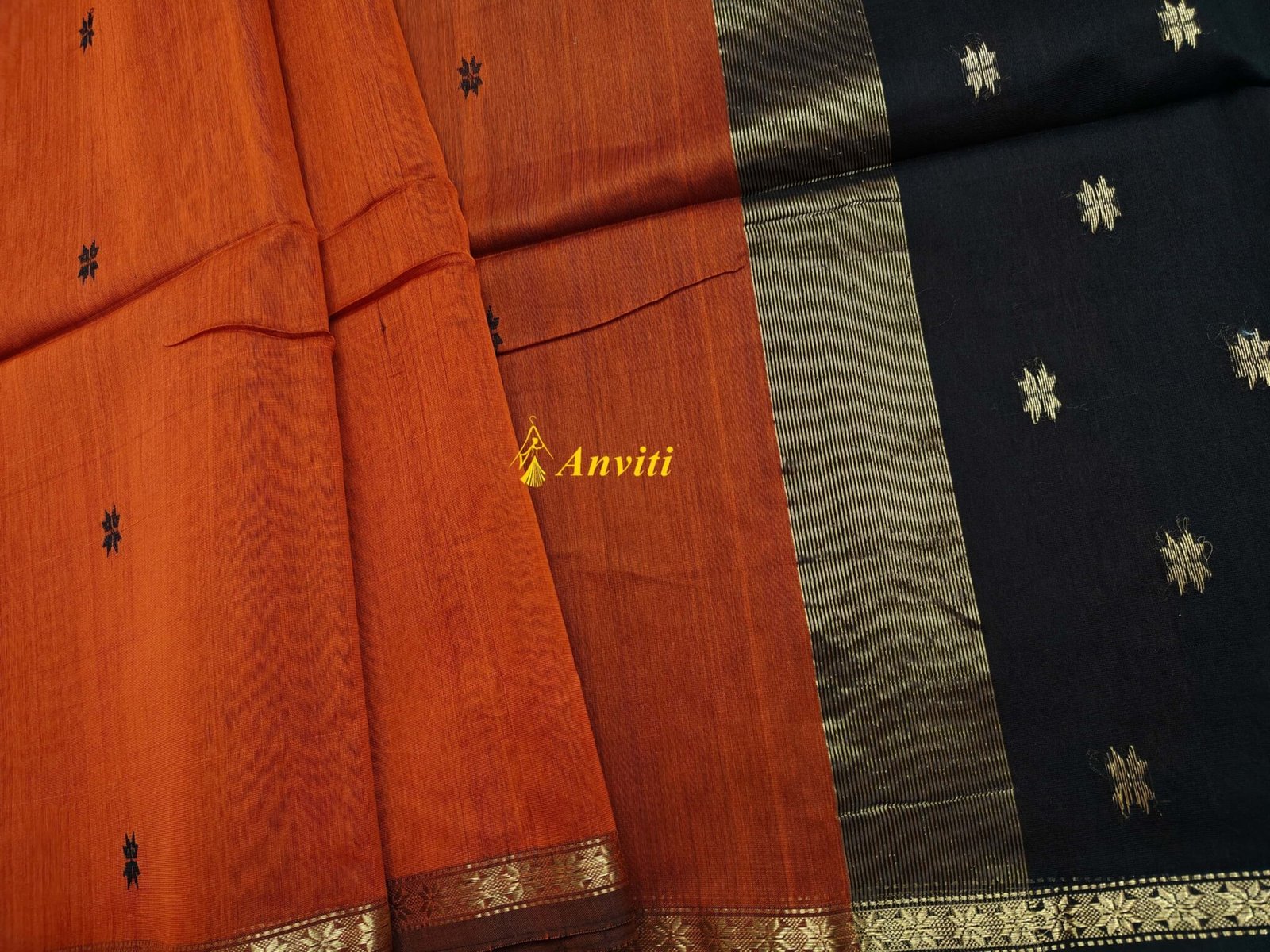 Rust Orange Maheshwari Silk Cotton Saree – Anviti